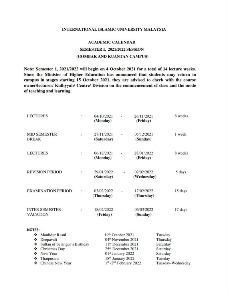 Updates on Academic Calendar 2021-2022 – IIUM Today