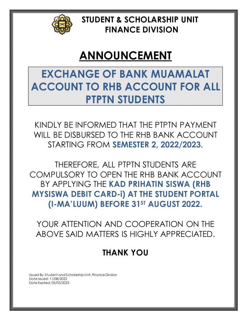PTPTN now requires students to open RHB Bank account – IIUM Today